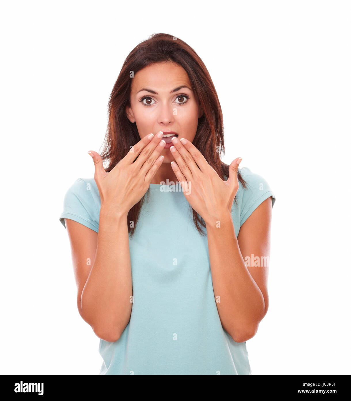 Portrait of 30s beautiful adult woman with embarrassed face with the ...