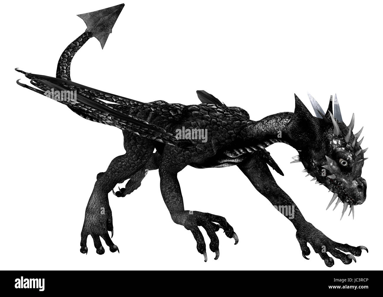 3D digital render of a cute little black dragon isolated on white ...