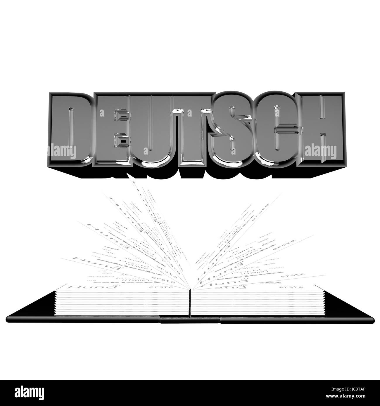 "Deutsch" (German) word over an open book, isolated over white, 3d ...