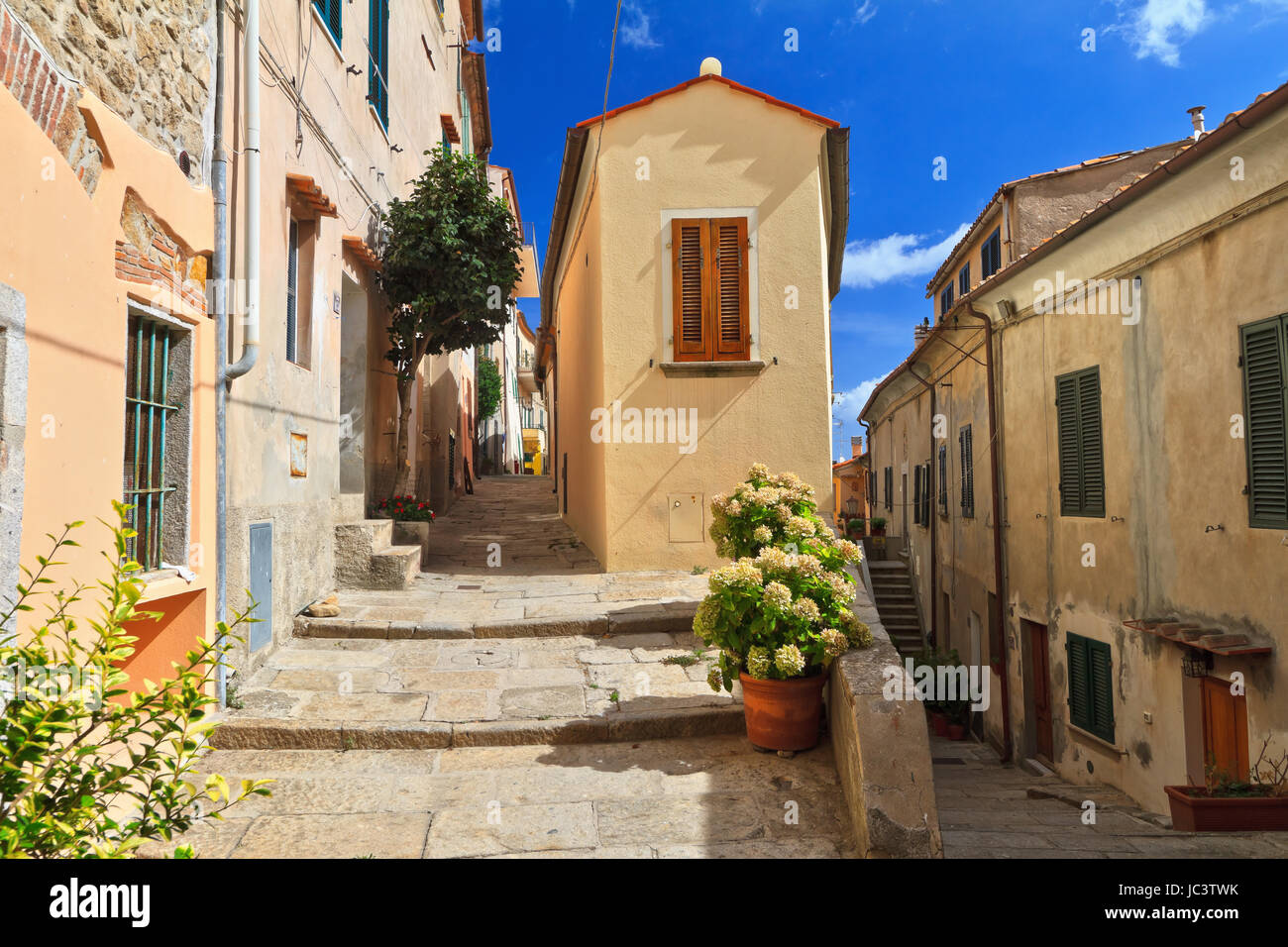 urban view in Marciana, ancient village in Elba island, Italy Stock ...