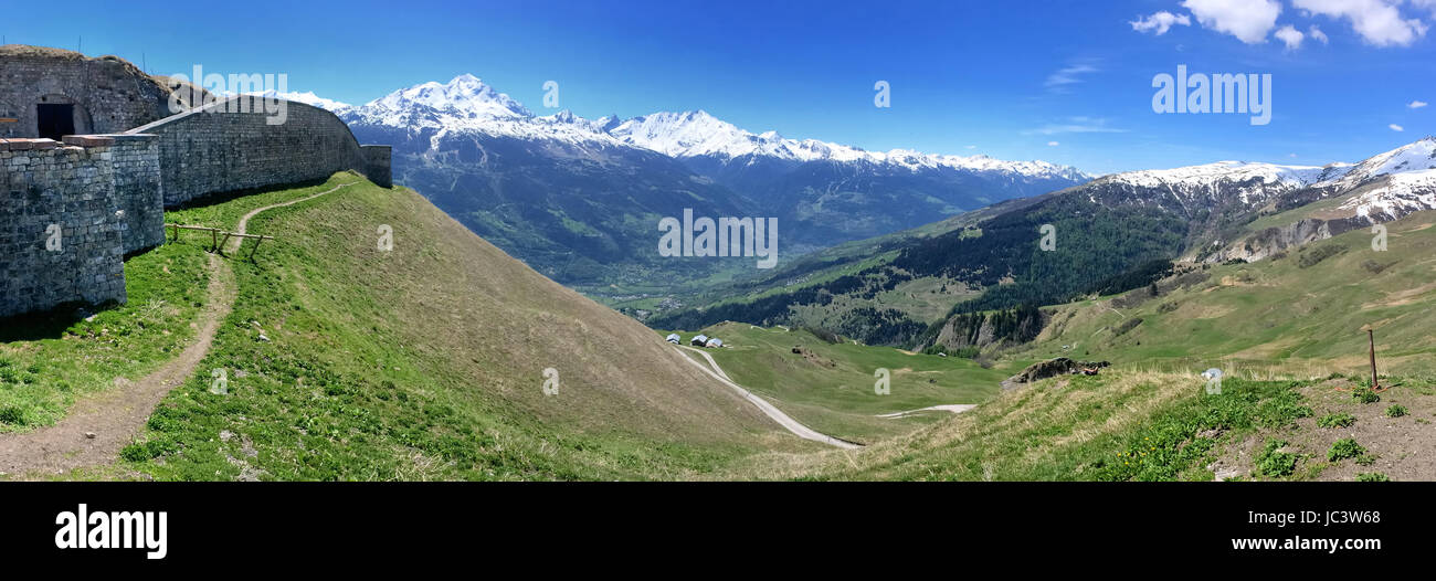 panoramic landscape of mountain in french Alps with old fortification ...