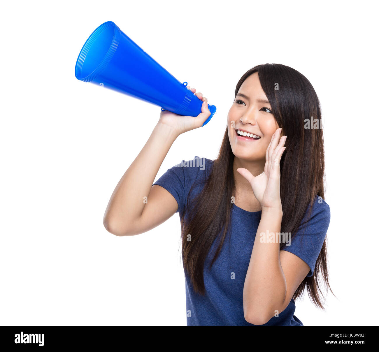 Woman yell with loudspeaker Stock Photo - Alamy