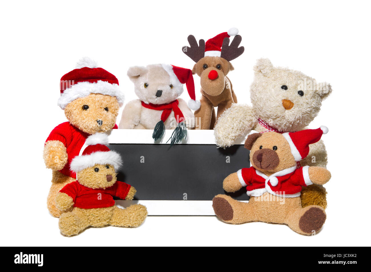 Christmas teddy bears, elk and message board on white background for ...