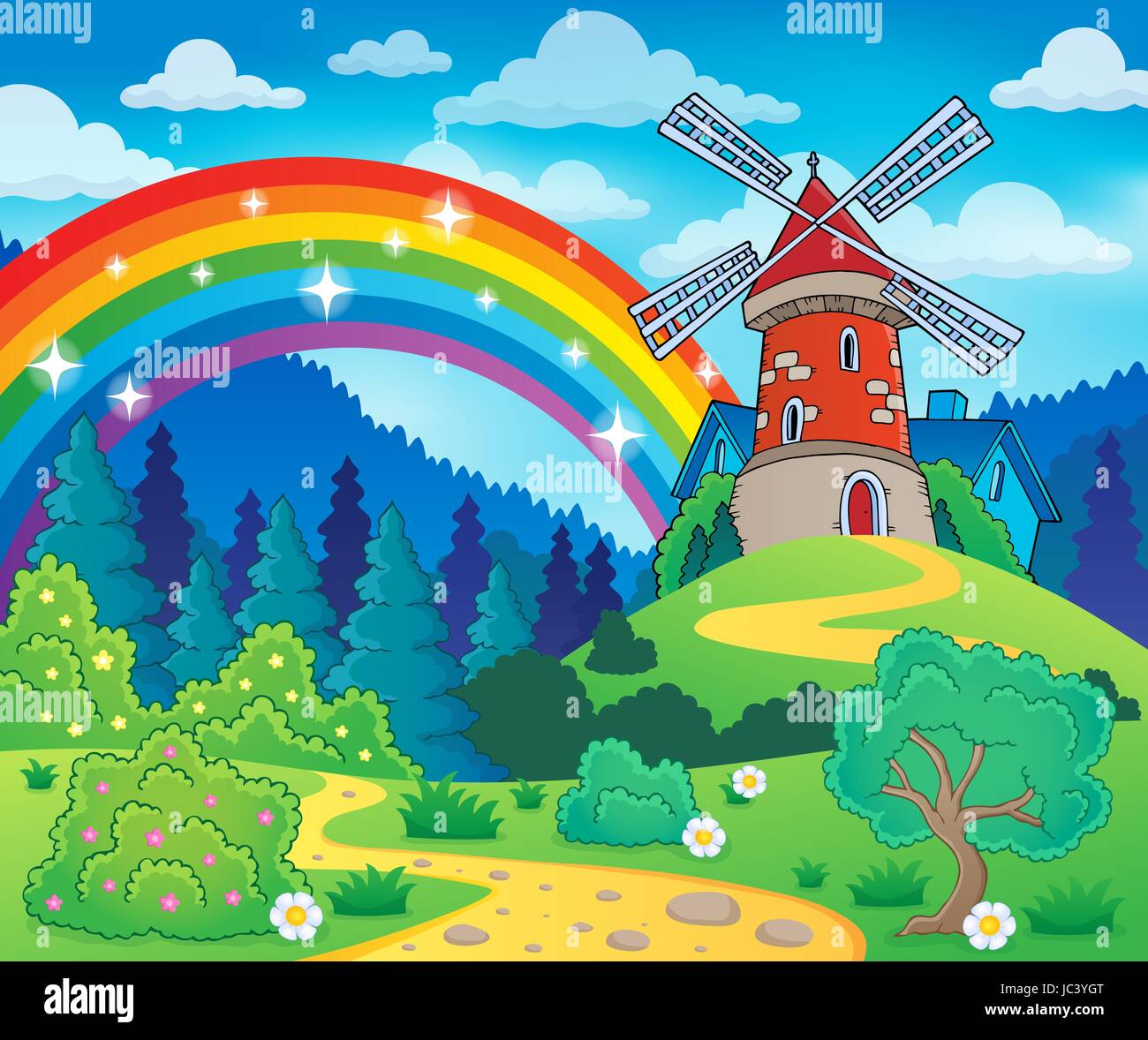 Spring theme with windmill - picture illustration Stock Photo - Alamy