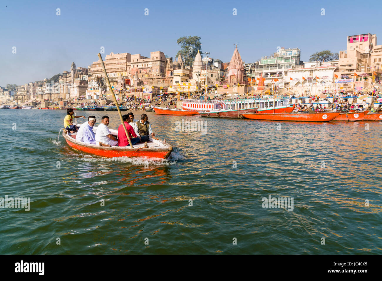 View across the holy river Ganges on Dashashwamedh Ghat, Main Ghat, in ...