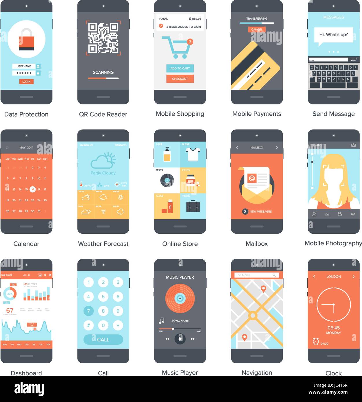 Flat vector collection of modern mobile phones with different user ...