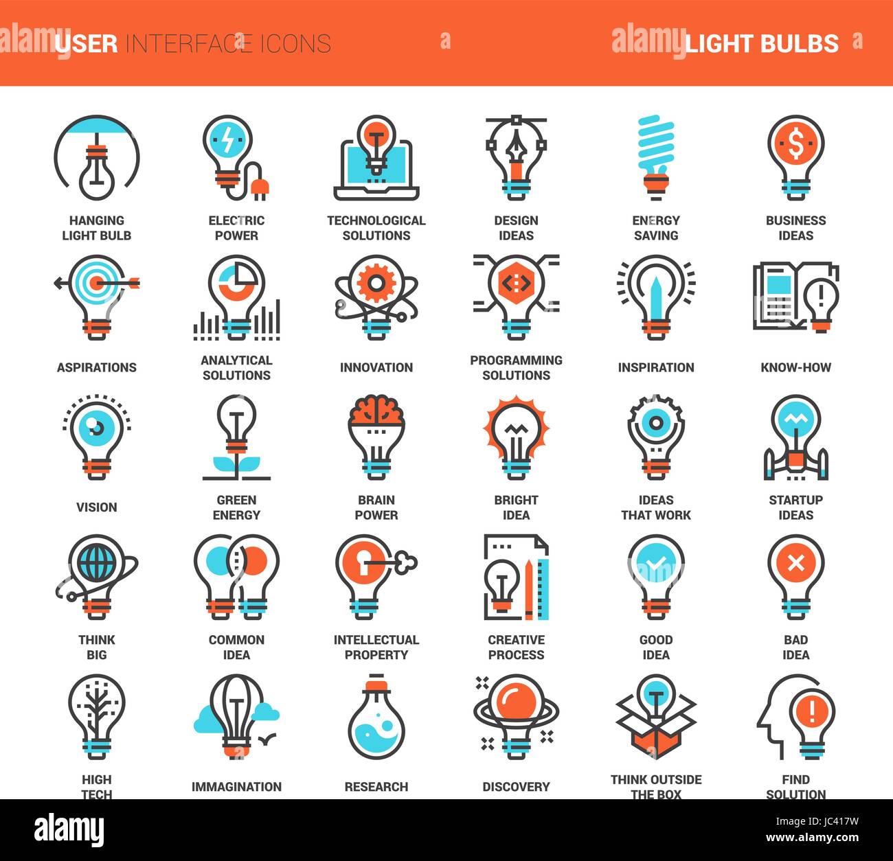Vector set of light bulbs flat line web icons. Each icon with ...