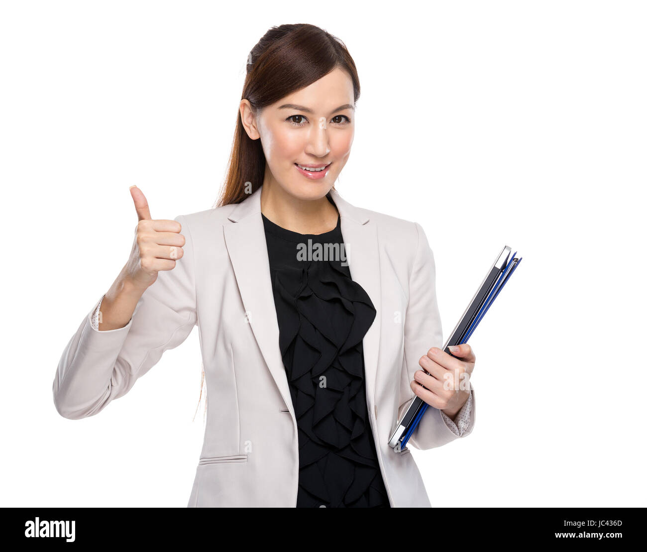 Asian businesswoman hold clipboard and laptop thump up Stock Photo - Alamy