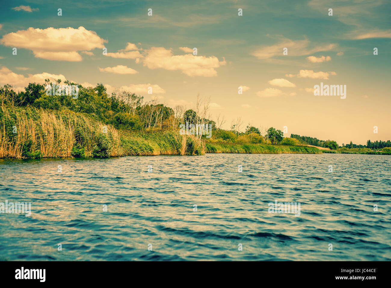 Green riverside with blue water and sky Stock Photo - Alamy