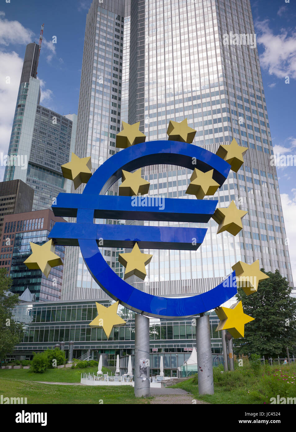 Euro symbol and stars representing participating countries as sculpture ...