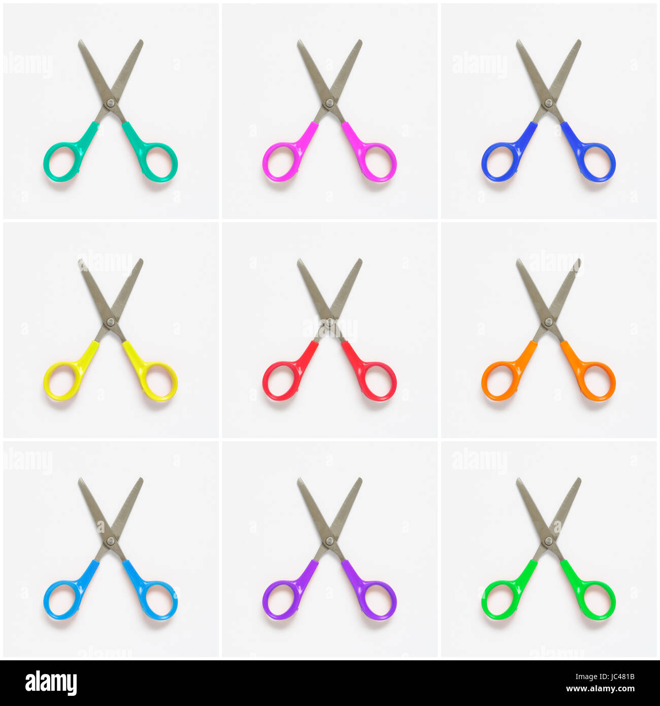 Collage of colorful scissors on white paper background Stock Photo - Alamy