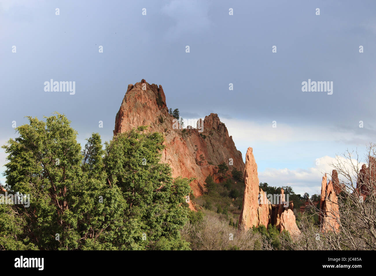 Red rock pinnacle formations rising behind various trees under ...