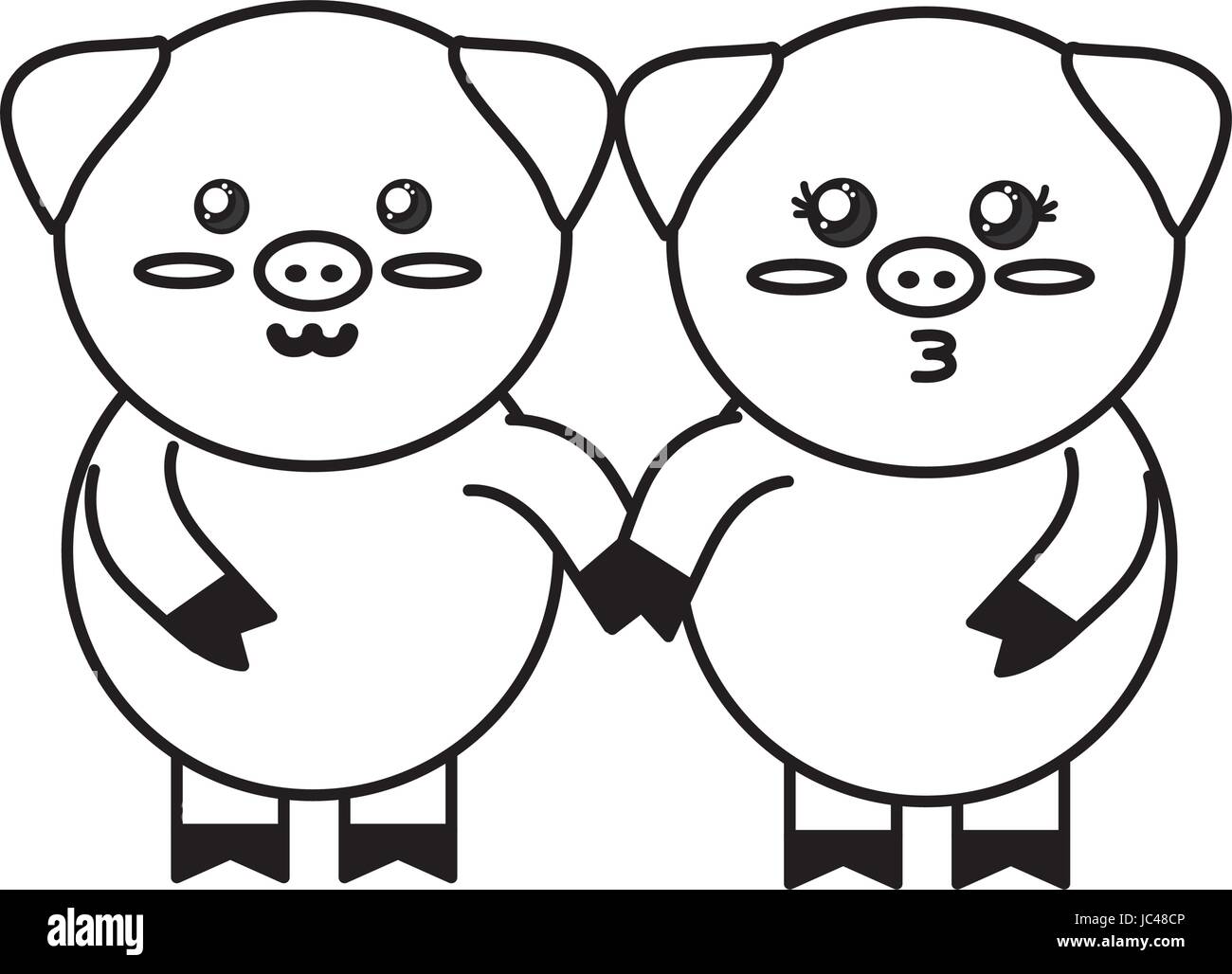 line cute couple pig wild animal with face expression Stock Vector ...