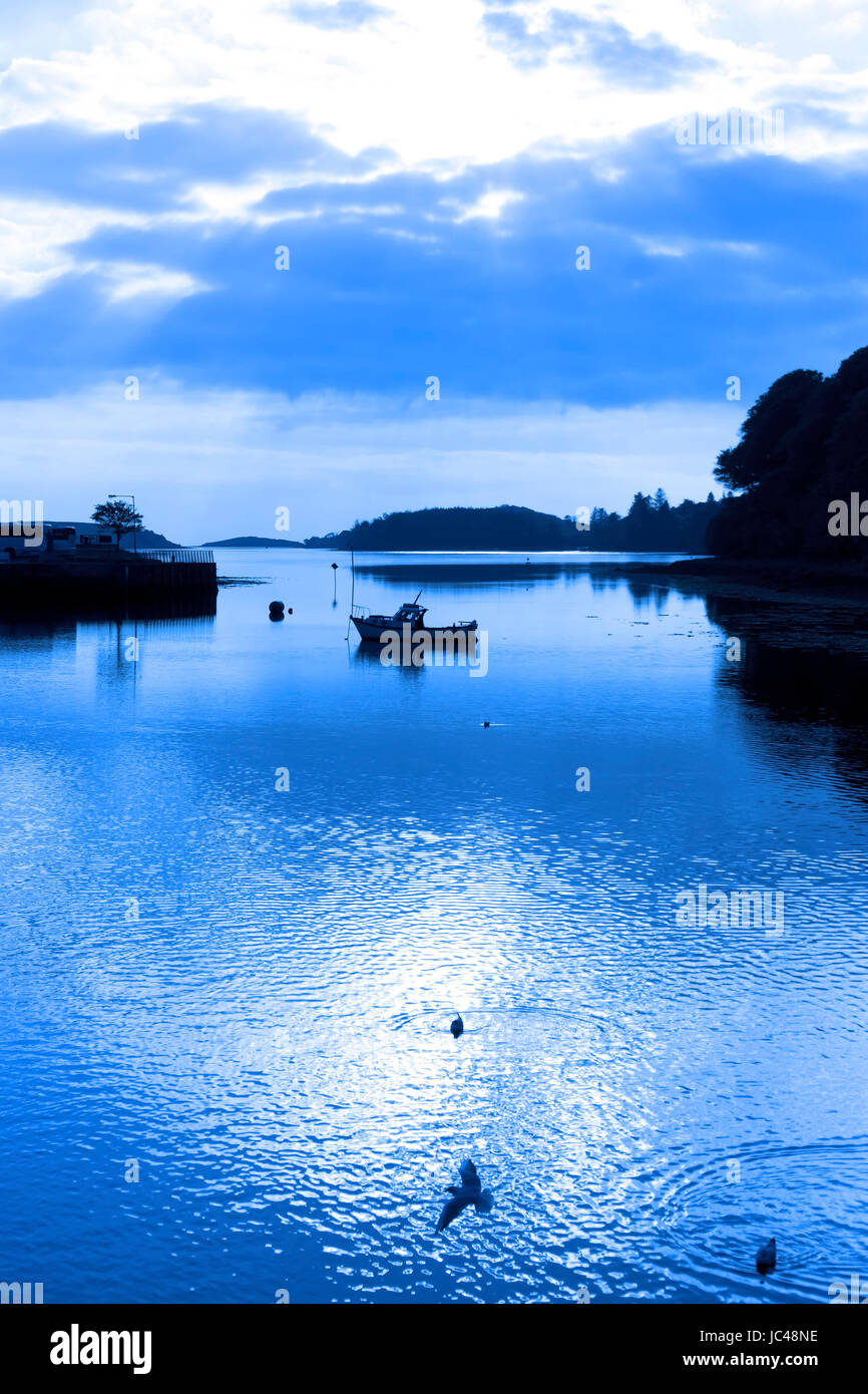 silhouette of boat and birds at sunset over the river Eske in Donegal ...