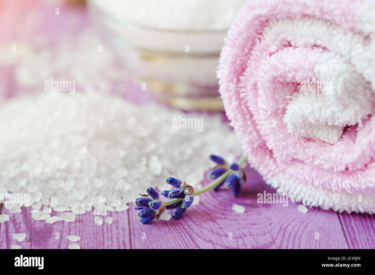 Spa lavender salt set on the wooden table Stock Photo - Alamy