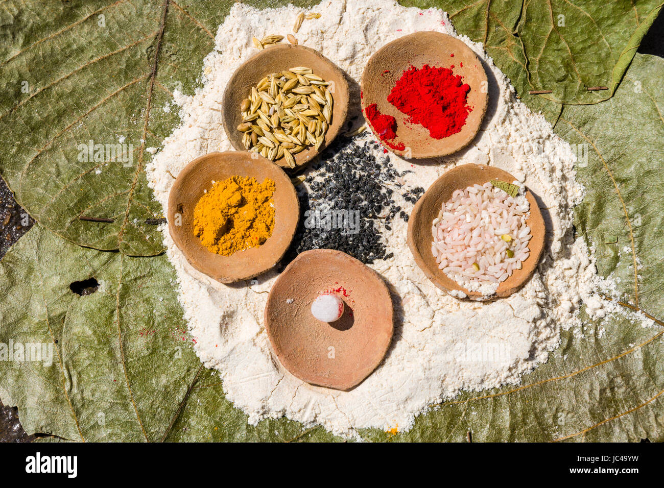 Clay bowls with the ingredients of a religious ritual at Dashashwamedh ...