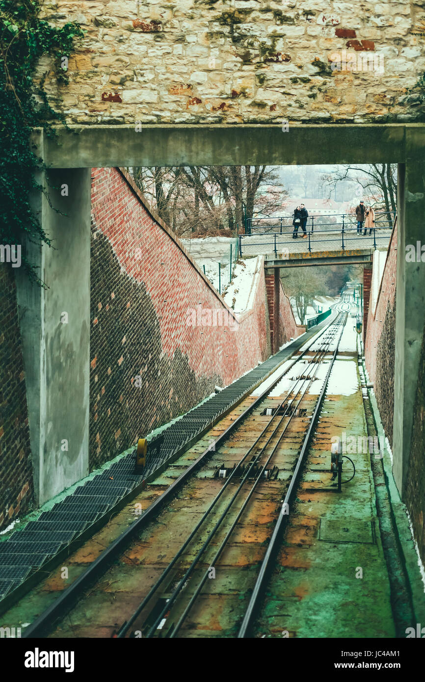 View on cable railroad from funicular cabin. The funicular railway in ...