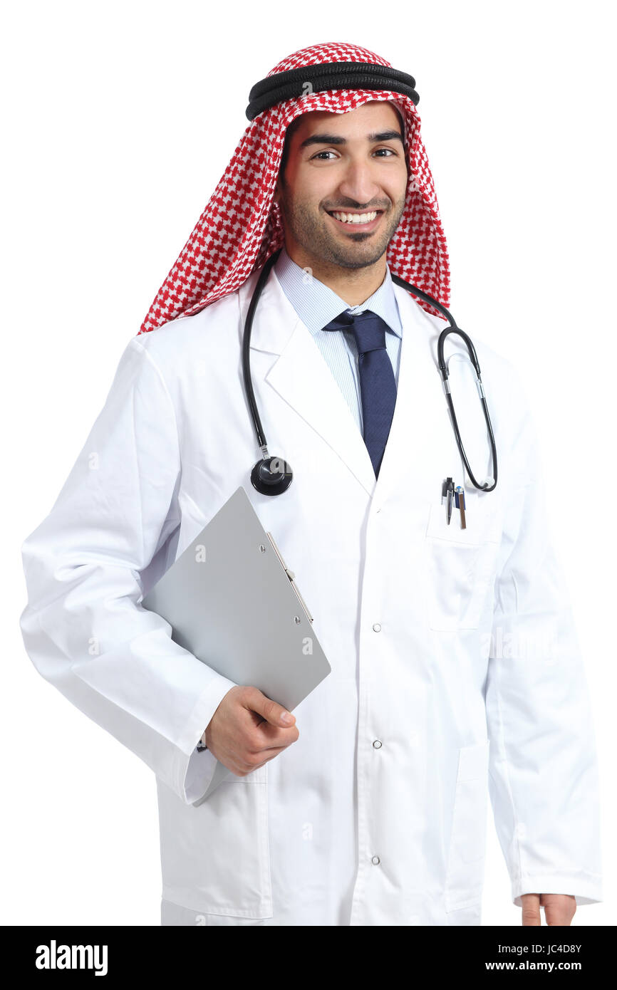 Arab saudi emirates doctor posing holding medical history isolated on a ...