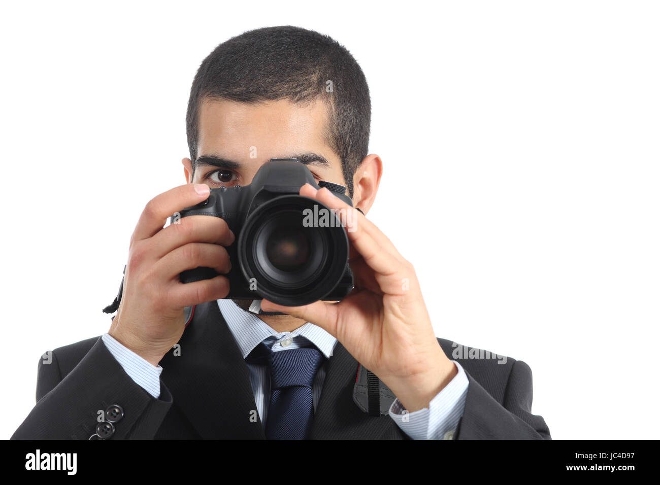 Front view of a professional photographer taking a photograph isolated ...