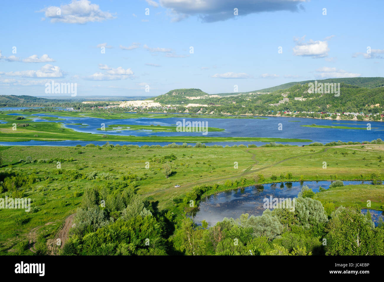 Amazing panoramic view from Tsarev hill near Samara city at summer ...
