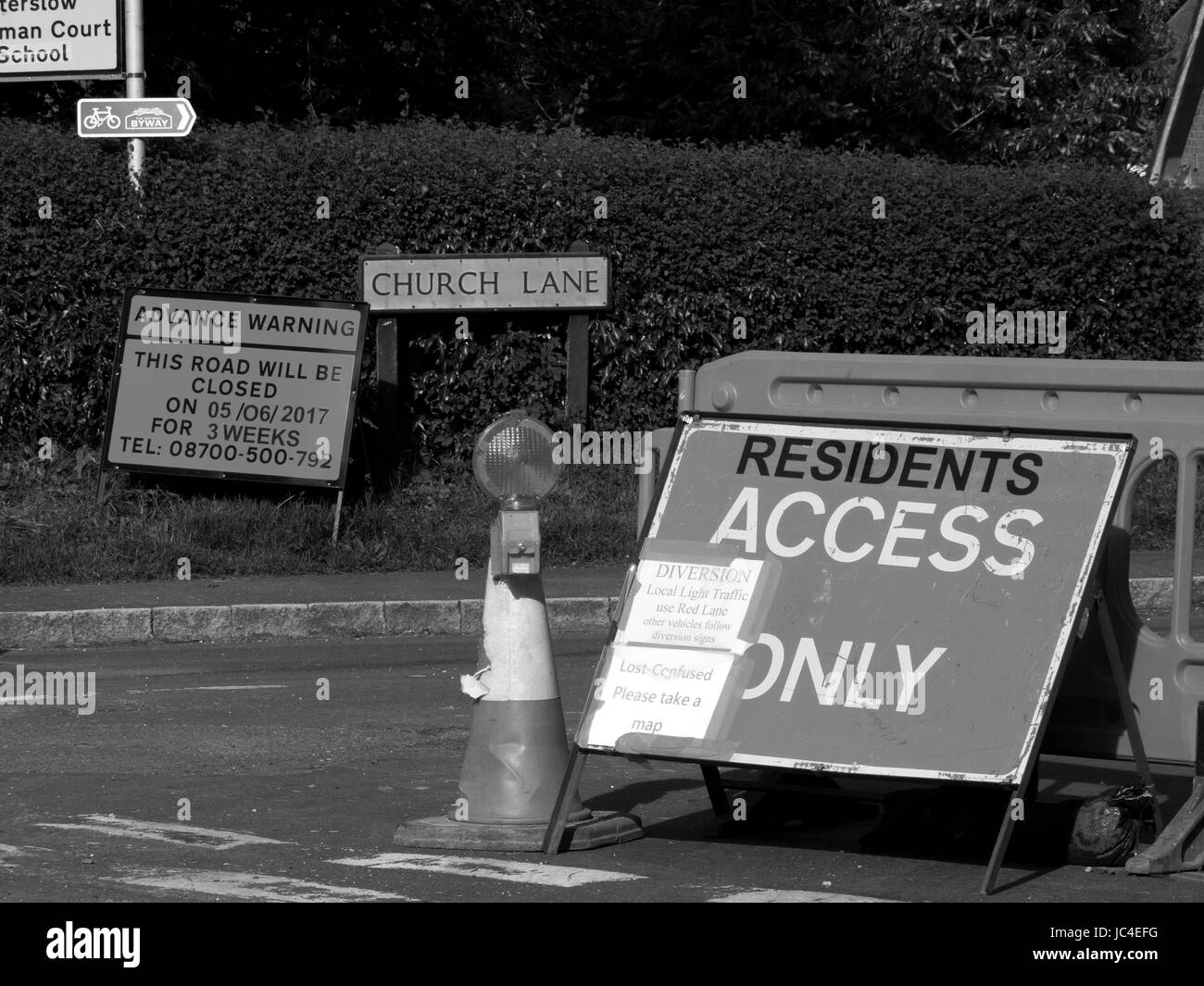 Residents access only sign at end of closed road due to roadworks Stock ...
