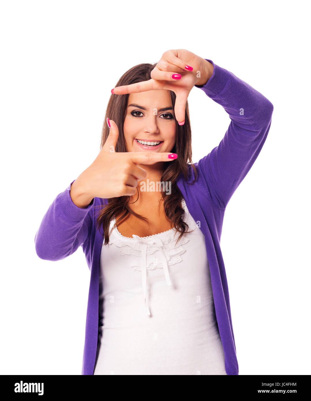 Young woman showing fingers frame Stock Photo - Alamy
