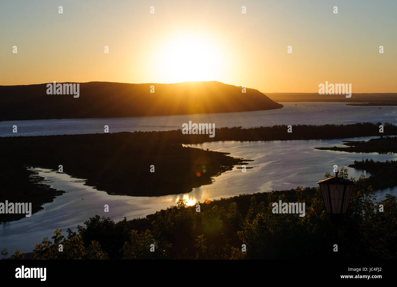 View on Volga river and Zhiguli mountains from helicopter viewpoint on ...