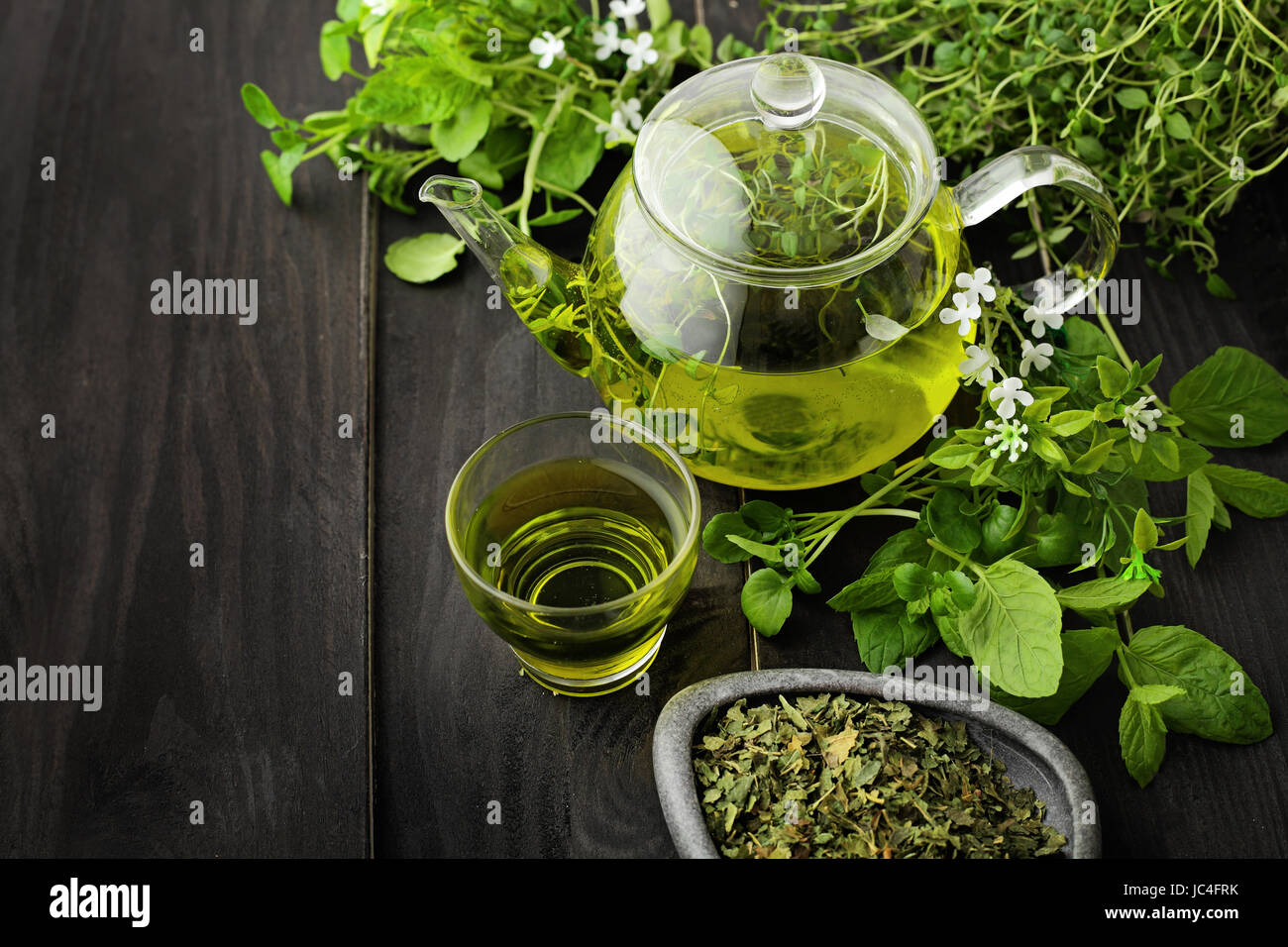 healthy green tea cup with tea leaves Stock Photo - Alamy