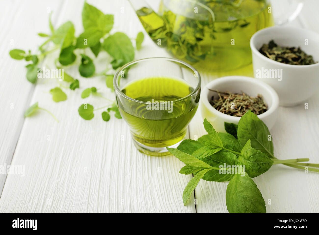 healthy green tea cup with tea leaves Stock Photo - Alamy