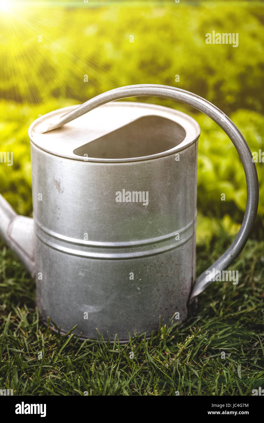 Closeup photo of watering can handle at sunny day at garden Stock Photo ...