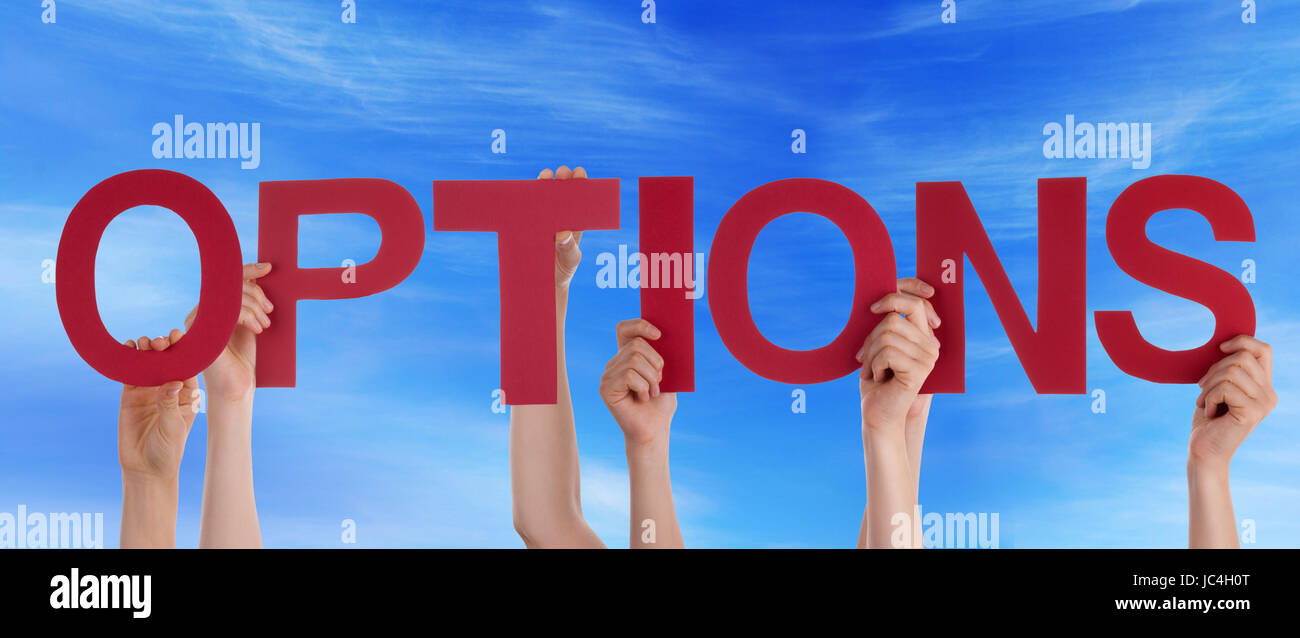 Many Hands Holding the Word Options in front of the Sky Stock Photo - Alamy