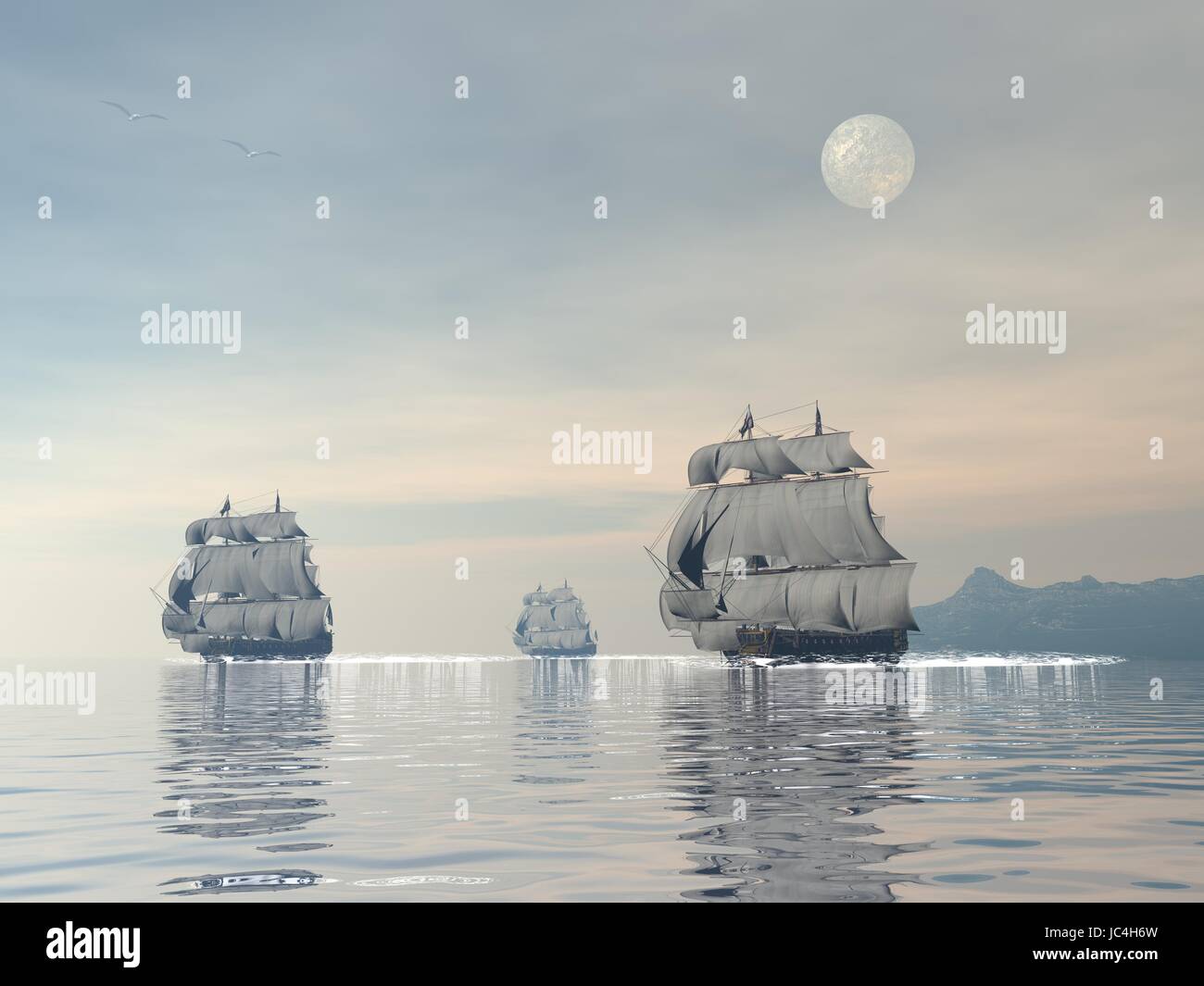 Three old ships floating on the ocean with seagull by sunset with full ...