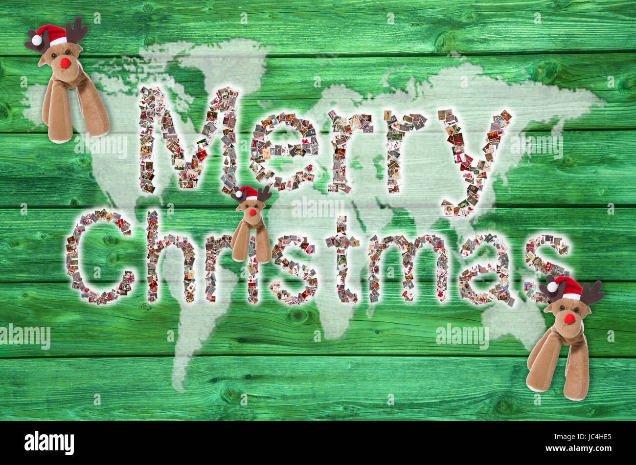Merry christmas text for around the world with map or globe in green ...