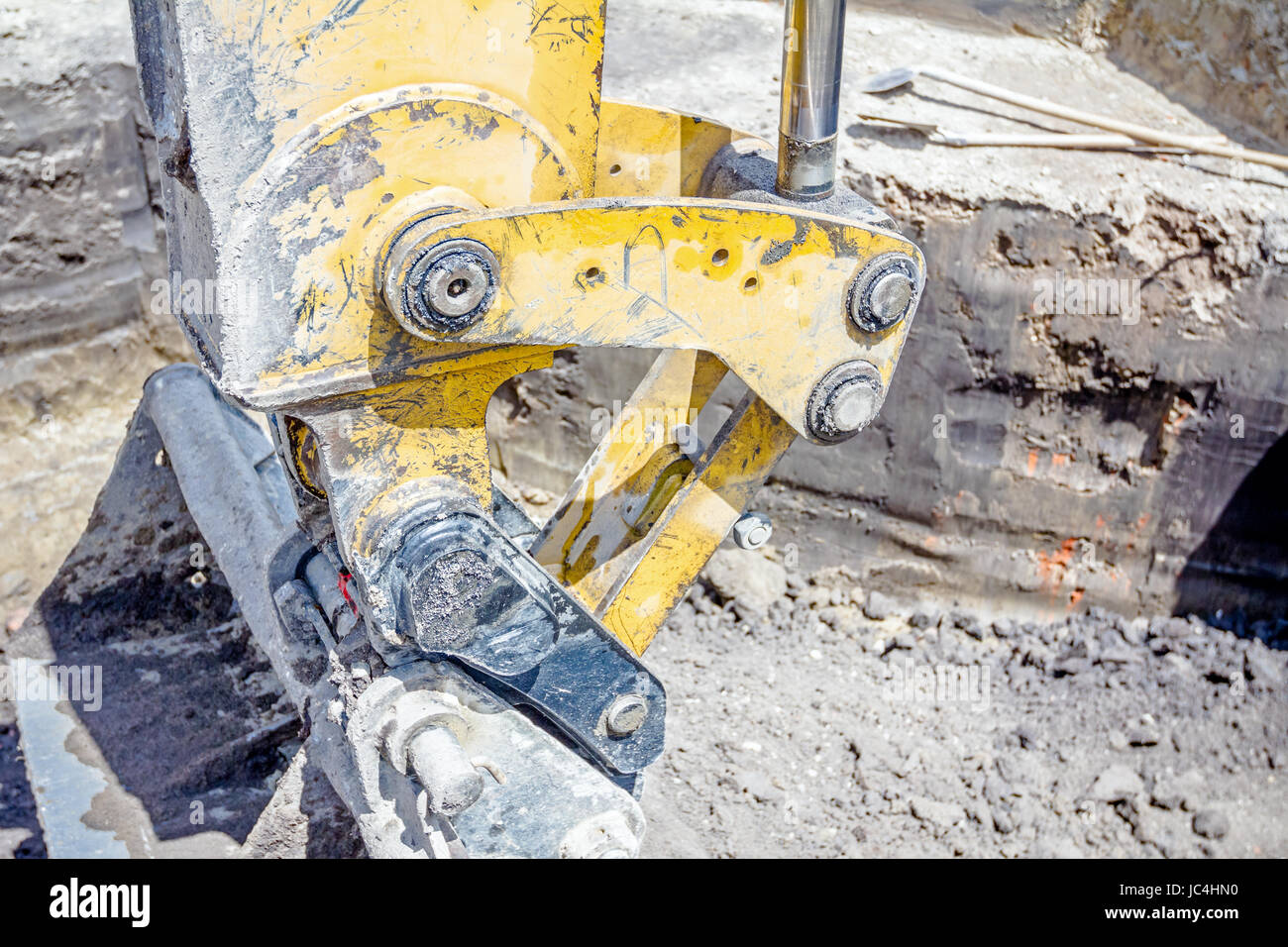 Excavator's tool, bucket, blade on the ground, close up shoot Stock ...