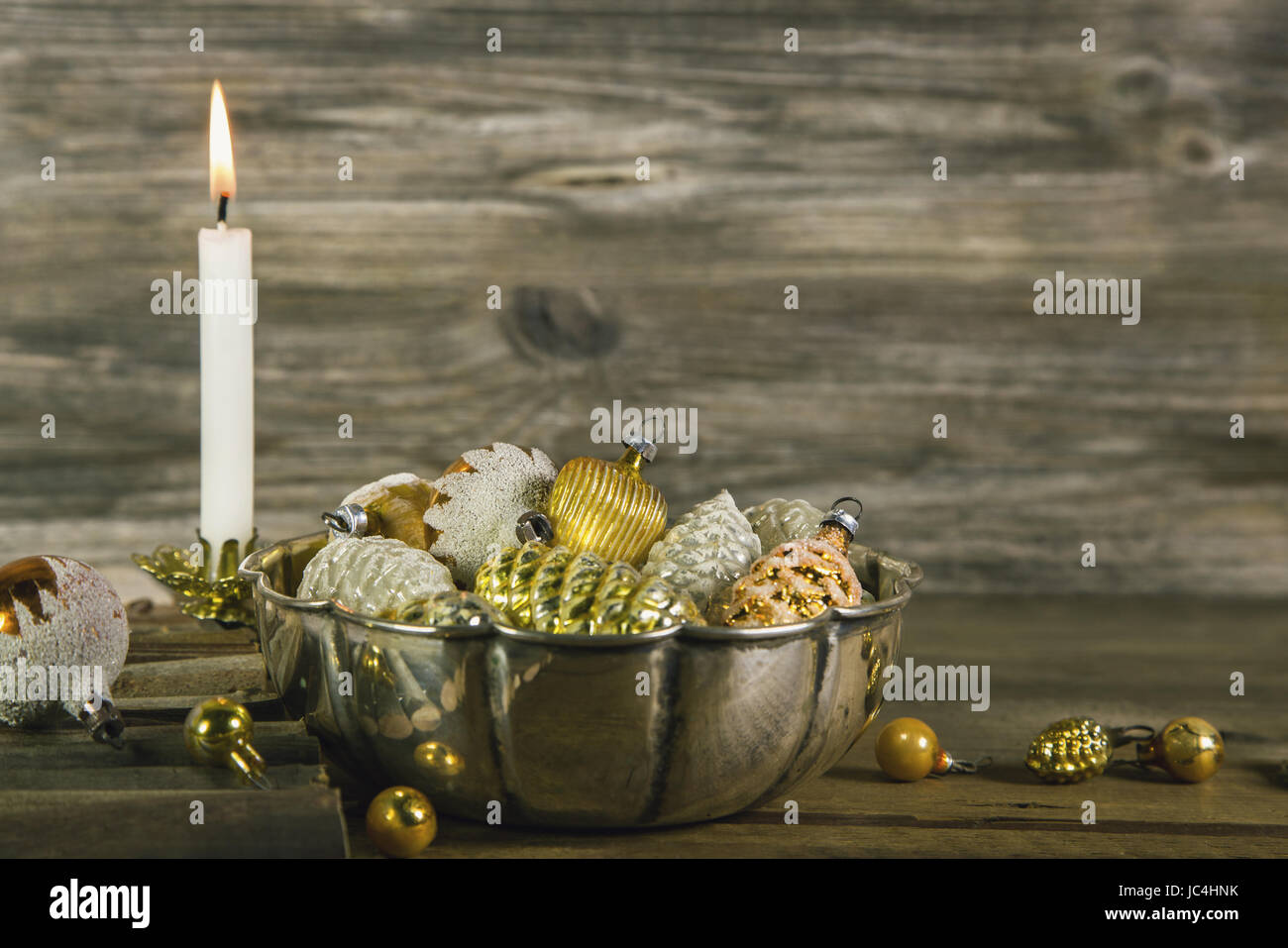 First advent: christmas decoration in gold and silver colors with a ...