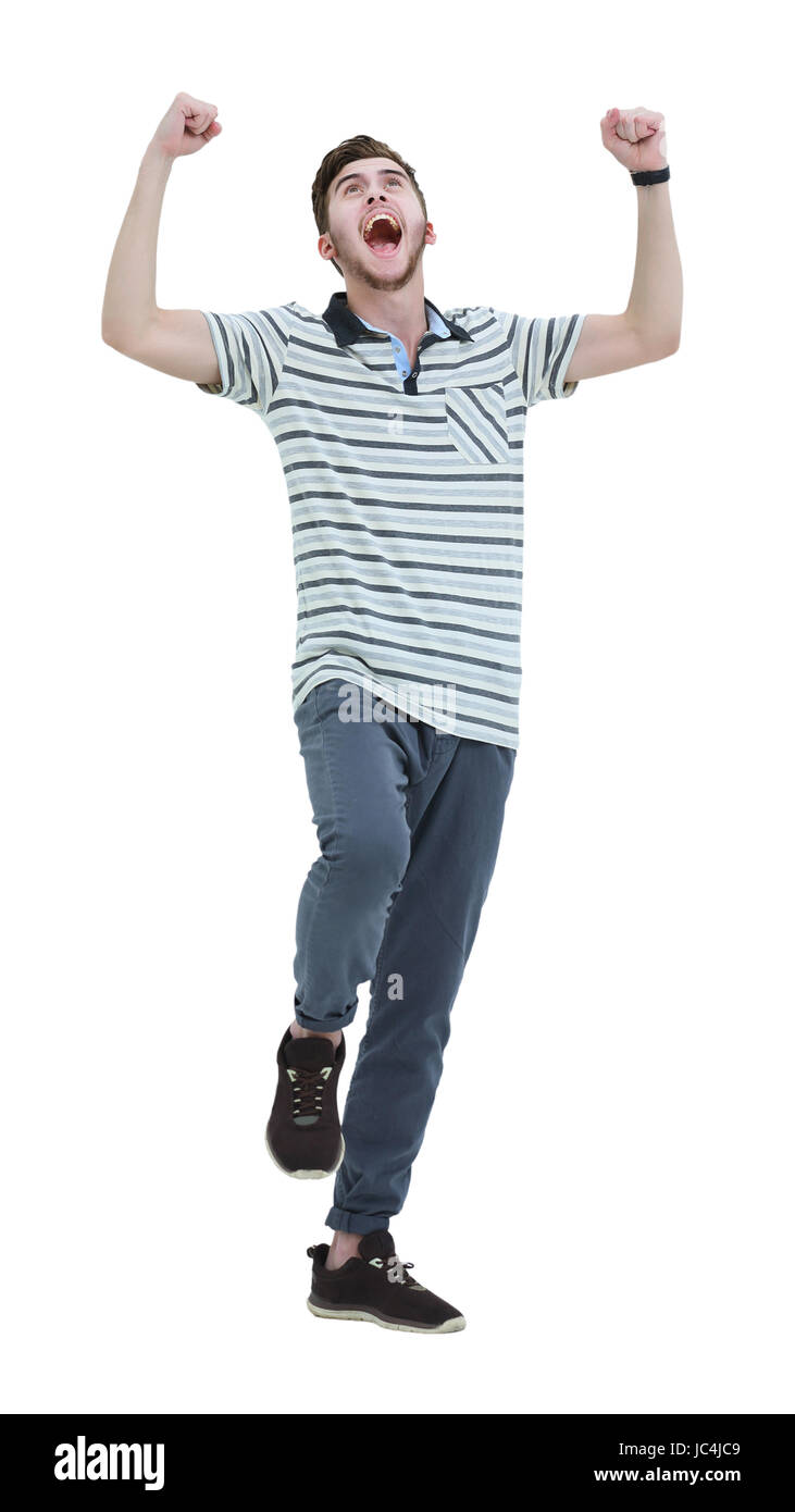 Cheering man with his arms raised up on white background Stock Photo ...