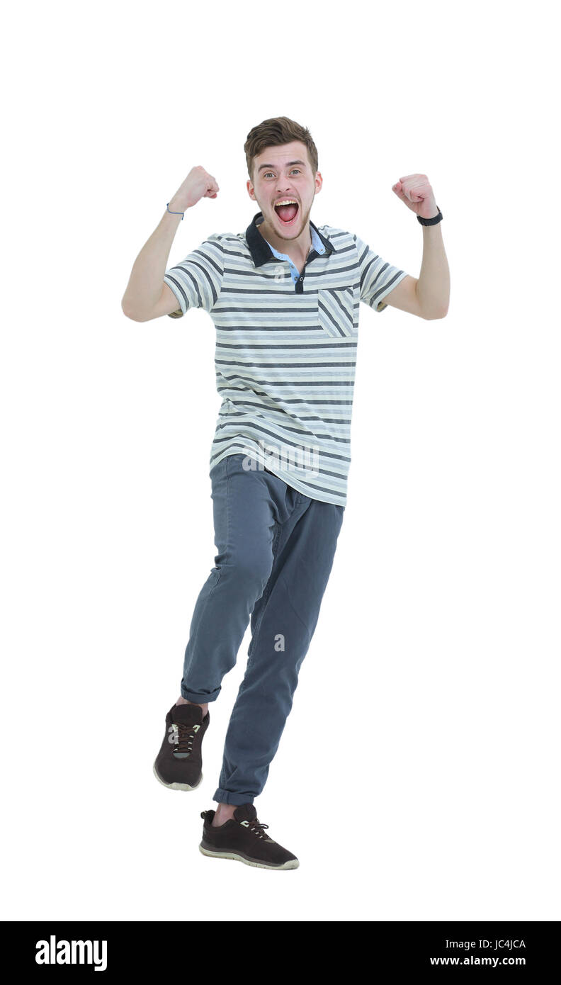 Cheering man with his arms raised up on white background Stock Photo ...