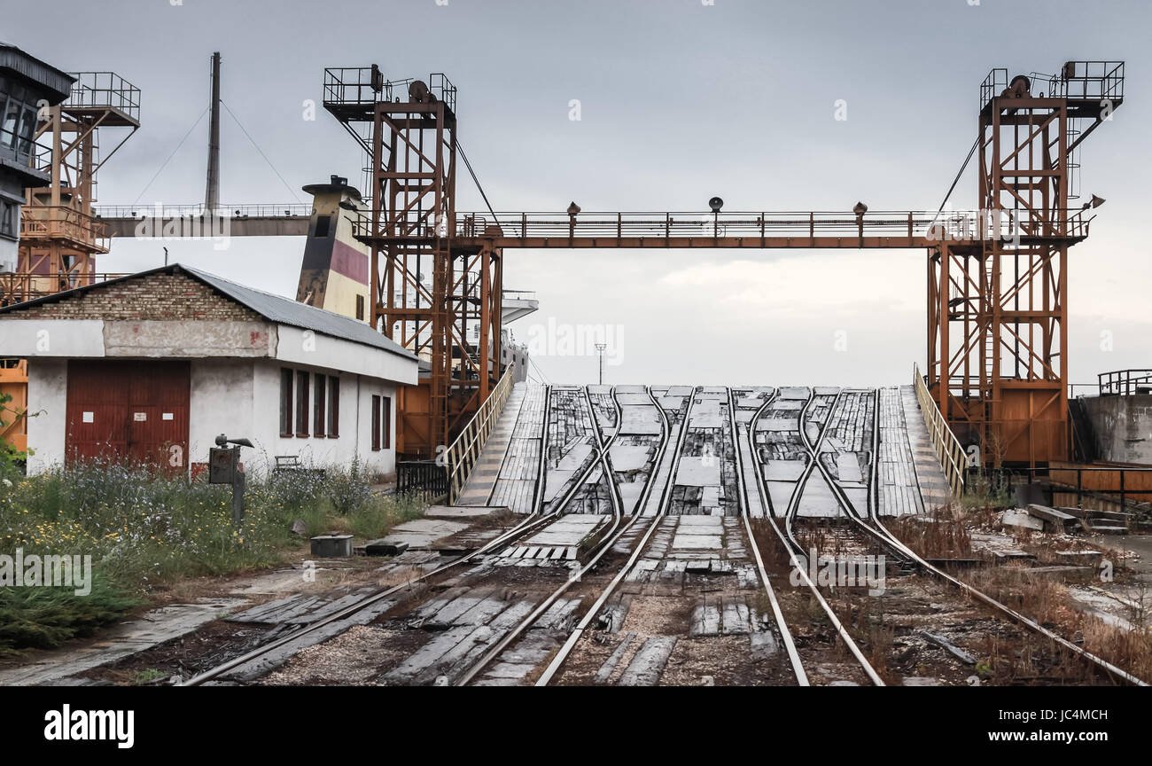 Open Railway ramp for industrial Ro-Ro ships loading. Varna rail ferry ...