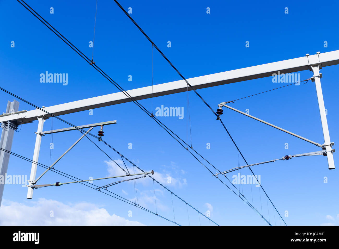 Overhead lines on Dutch railway under blue sky Stock Photo - Alamy