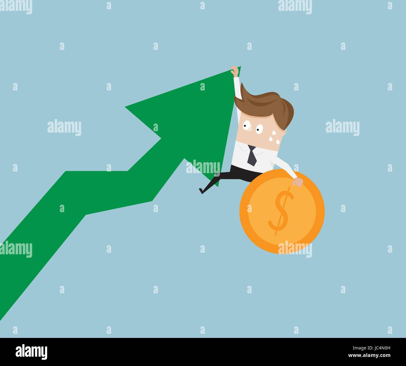 businessman hanging on growth arrow graph with money coin vector ...