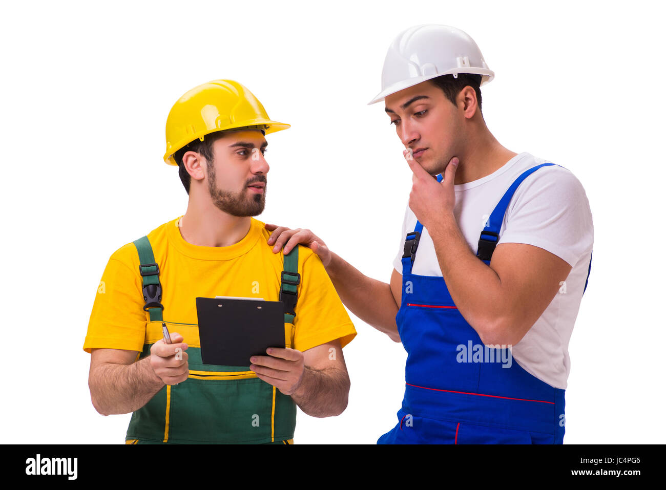 Two workers isolated on the white background Stock Photo - Alamy