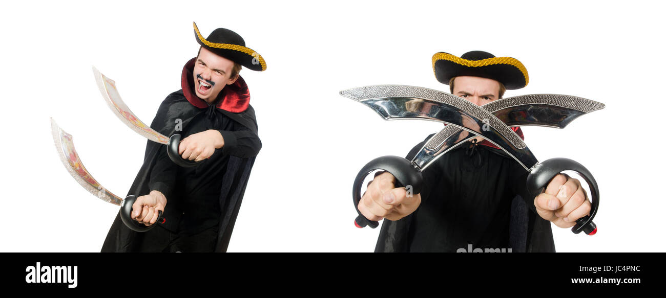 Young pirate holding sword isolated on white Stock Photo - Alamy