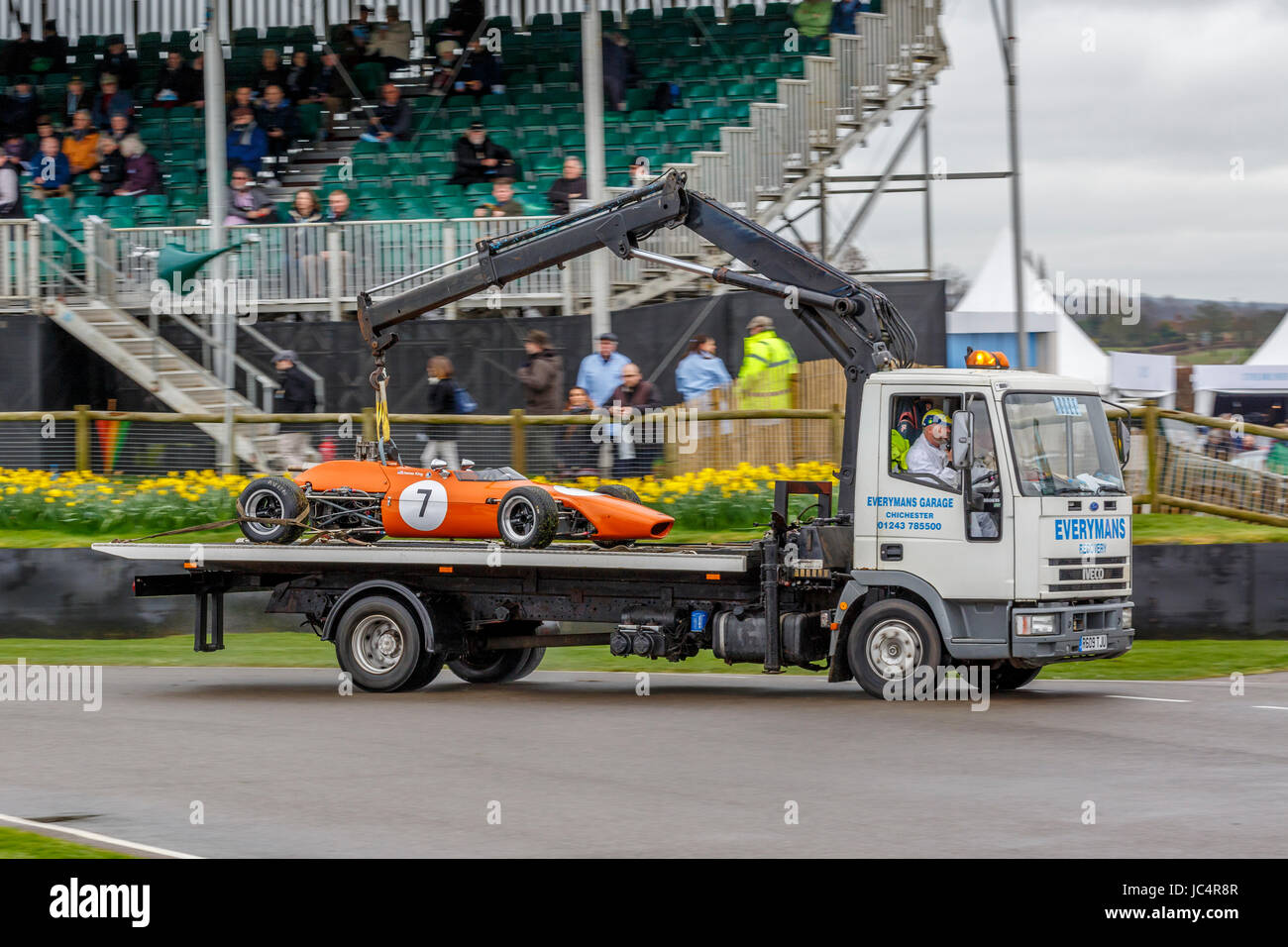1970 Chevron-Ford B17 of James King is transported back to the paddock ...