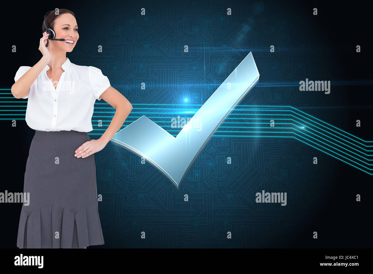 Composite image of cheerful smart call center agent working while ...