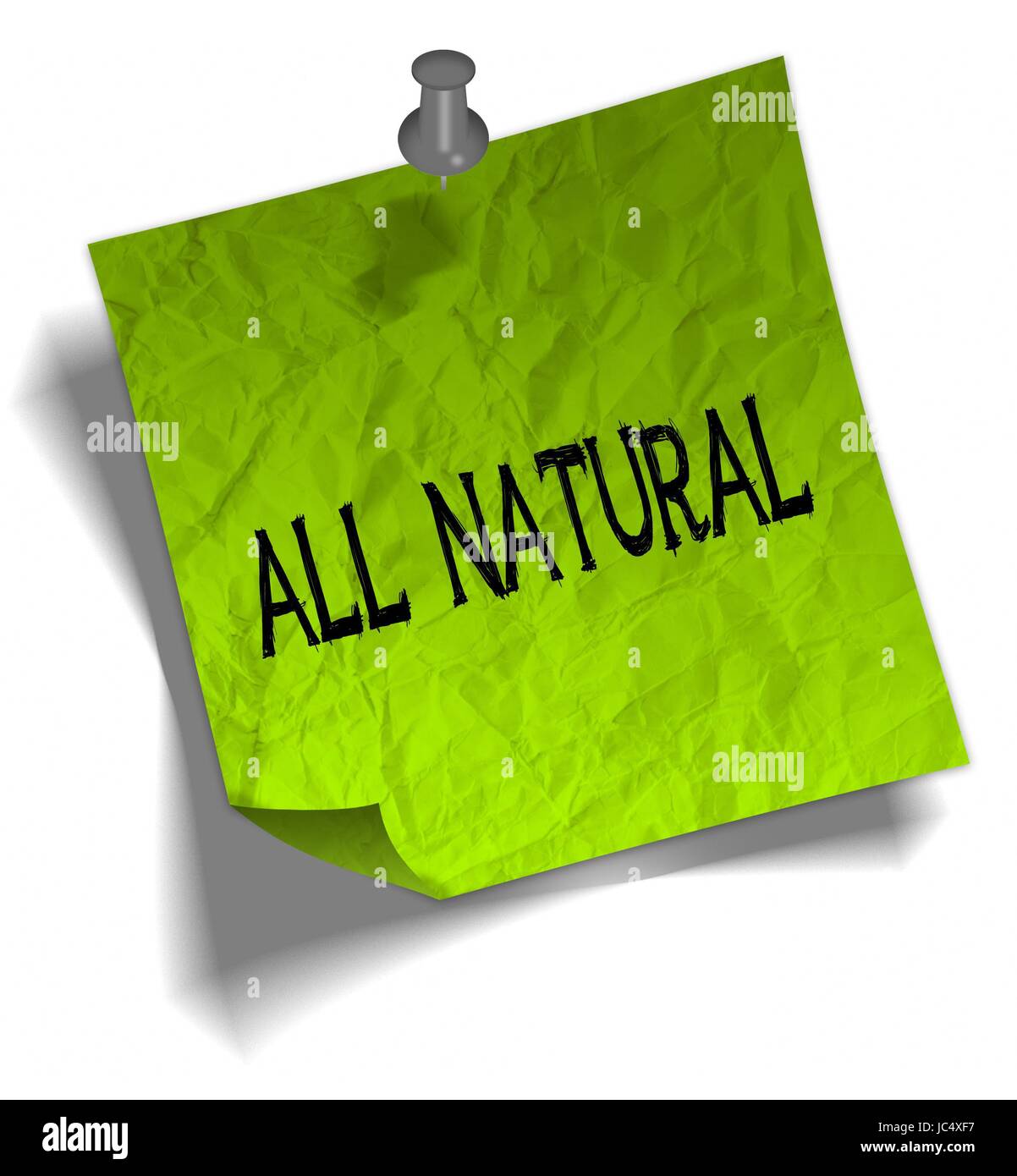 Green note paper with ALL NATURAL message and push pin graphic ...