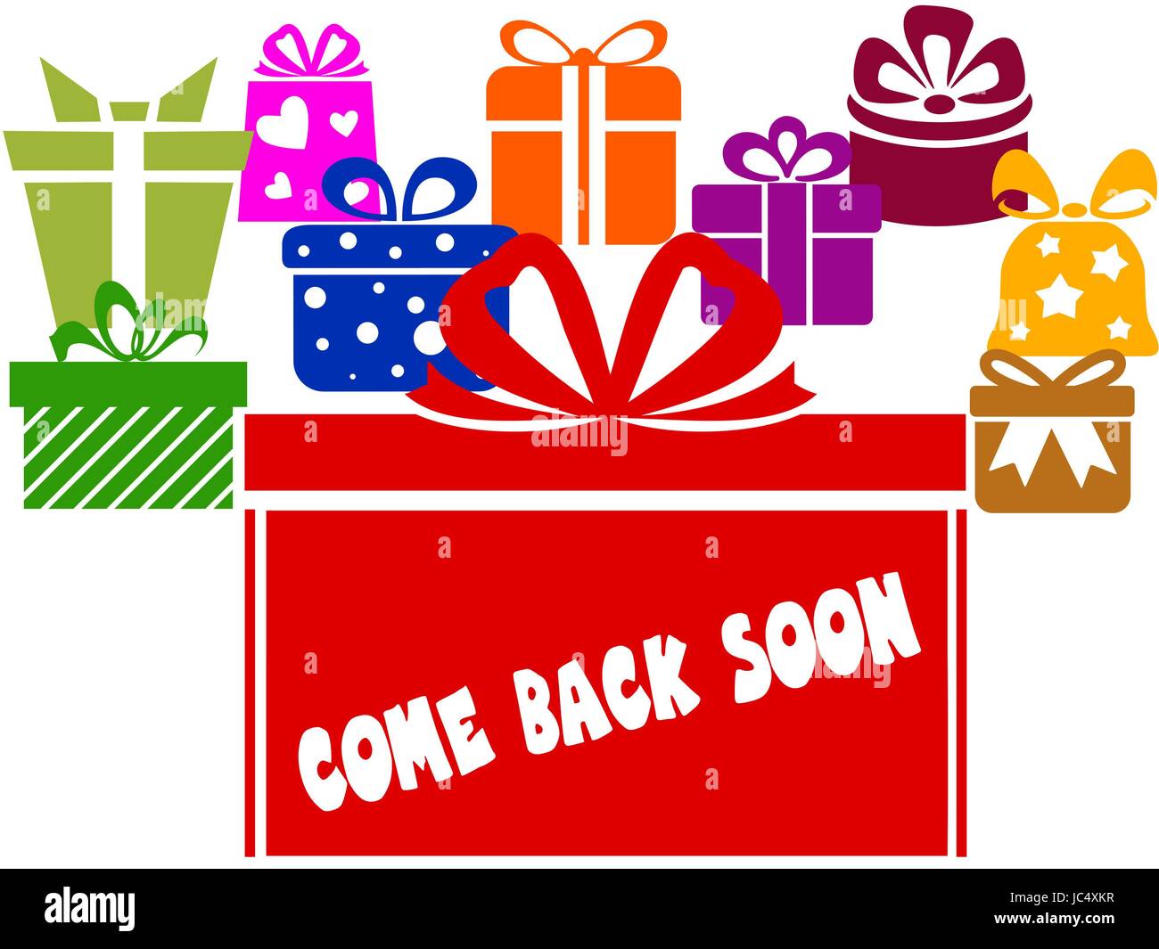 Gift boxes with COME BACK SOON text. Illustration image concept Stock ...