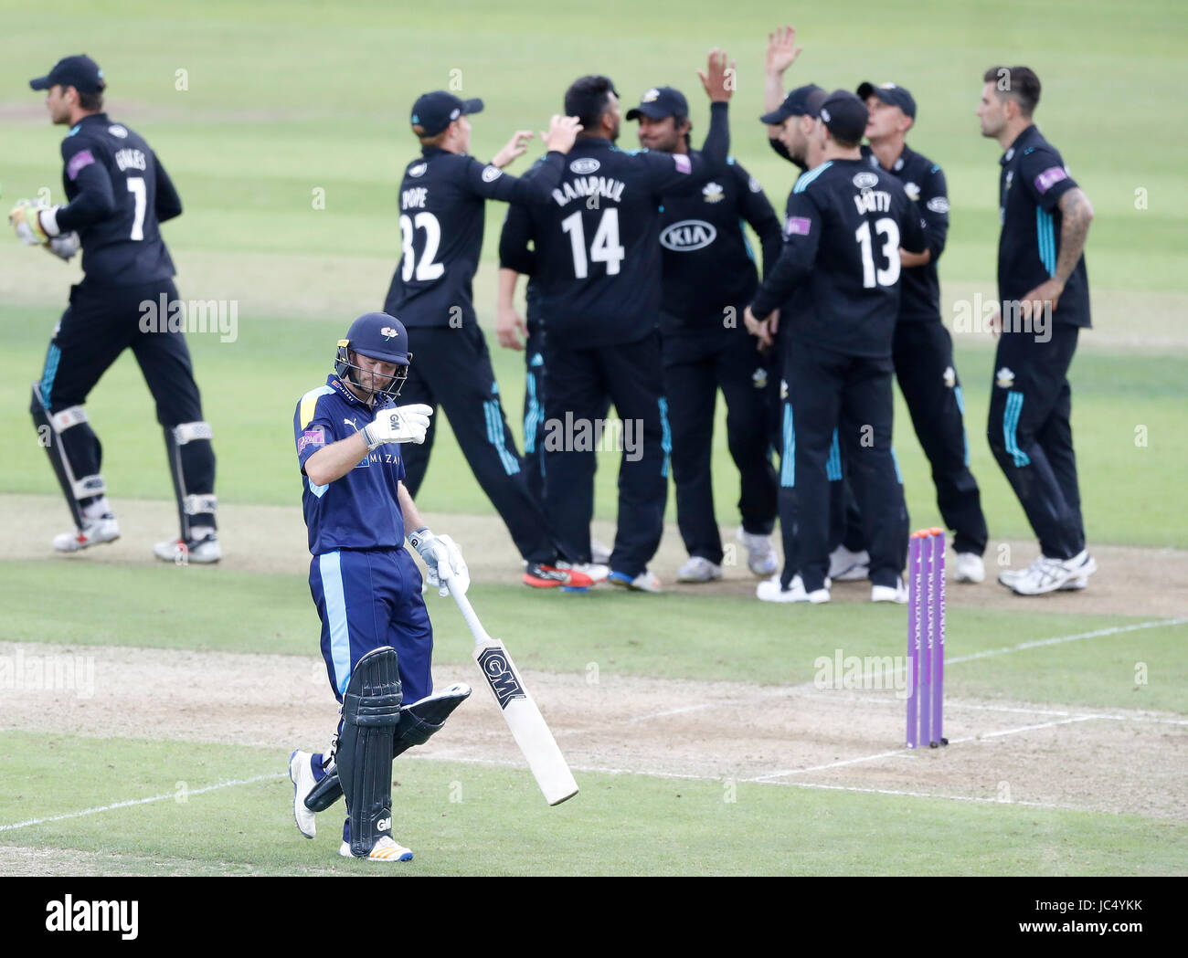 Yorkshire's Adam Lyth leaves the pitch after being caught out from the ...