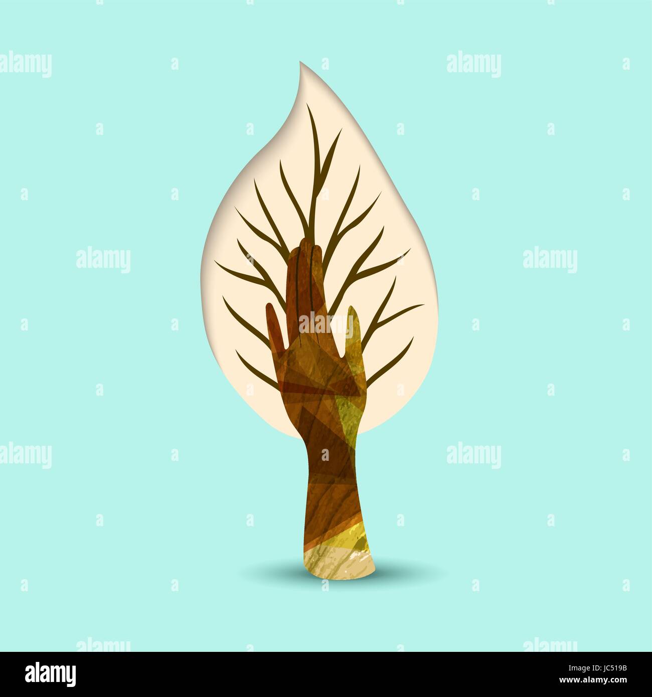 Hand tree art with wood texture and big leaf. Concept illustration for ...