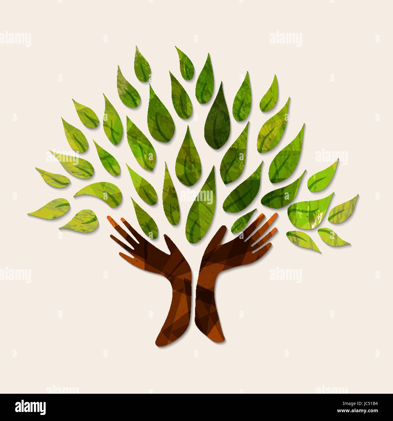 Hand tree art with wood texture and green leaves. Concept illustration ...