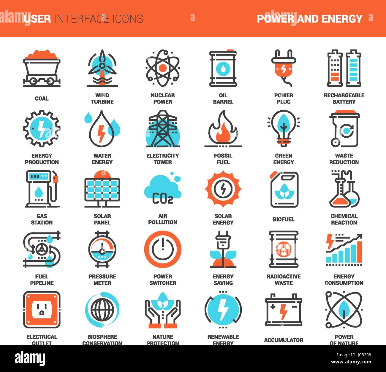 Vector set of power and energy flat line web icons. Each icon with ...